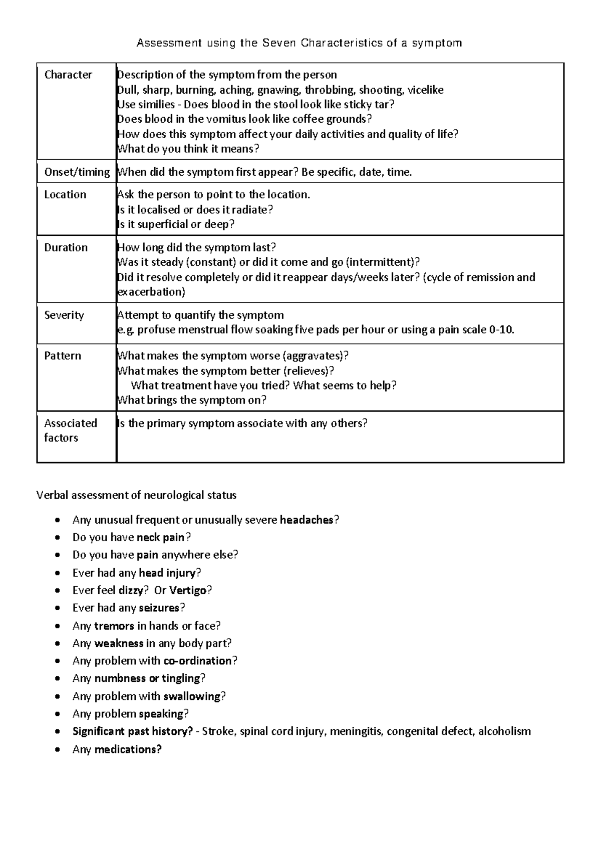105 Verbal Assessment Sheet: Neurological Symptom Evaluation - Studocu