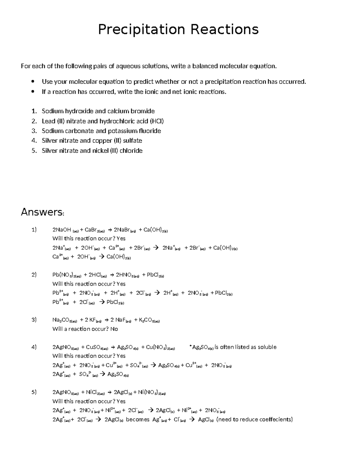 Precipitation Reactions Worksheet for Chemistry 101: Balancing Equations - Studocu