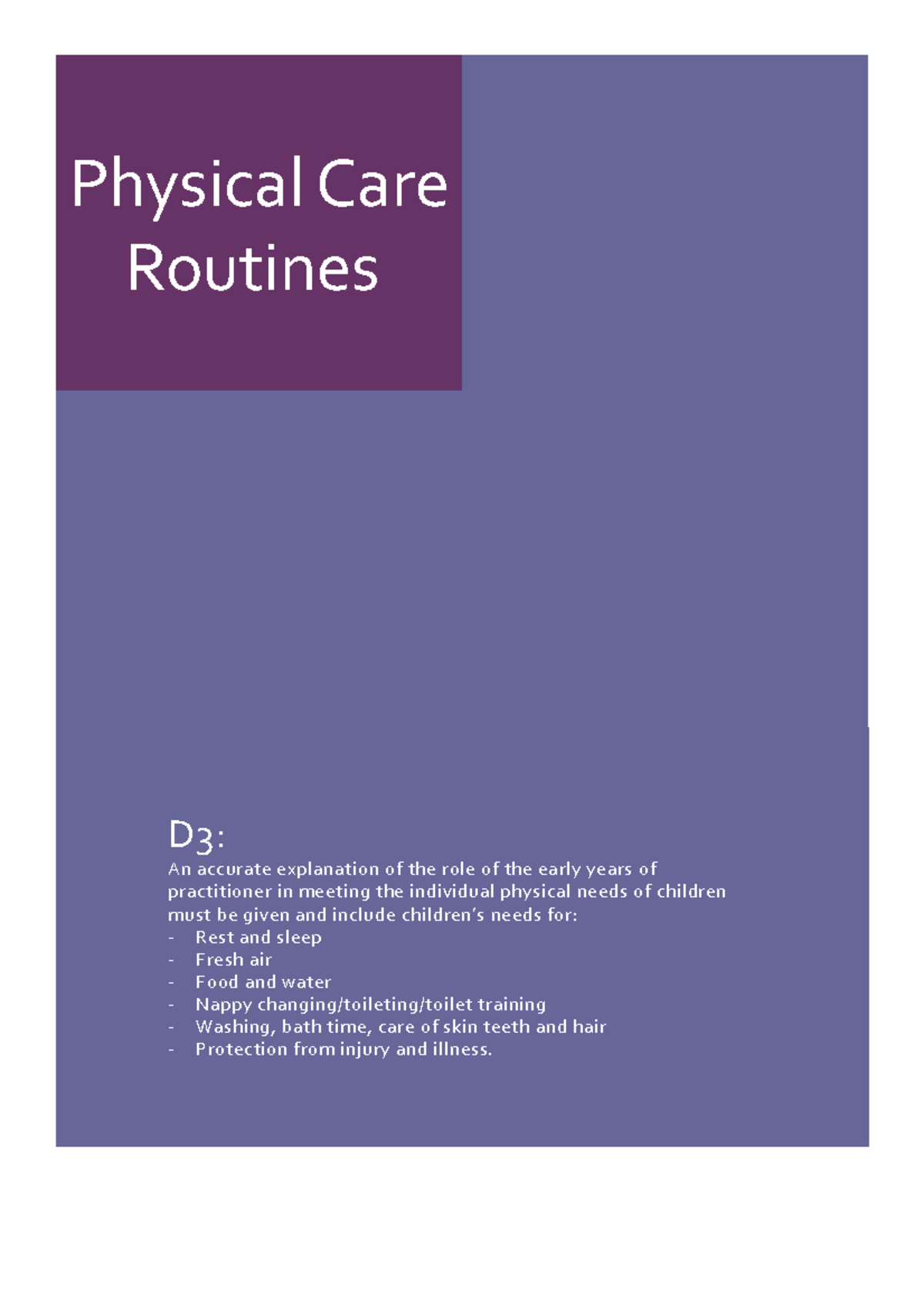 Unit 2 D3 - Meeting Individual Physical Care Needs in Children - Studocu