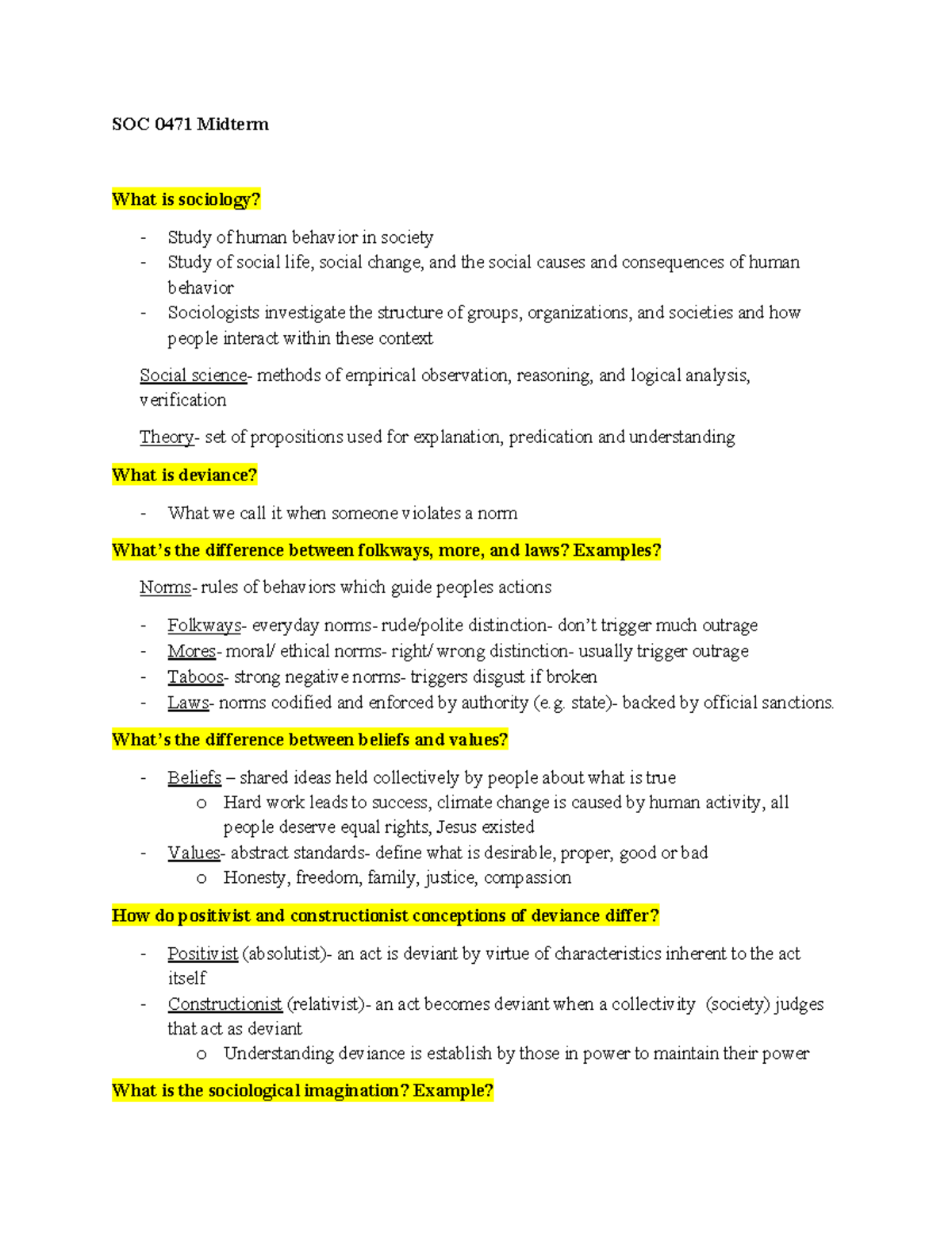 Midterm Exam Notes for SOC 0471: Sociology & Deviance Insights - Studocu