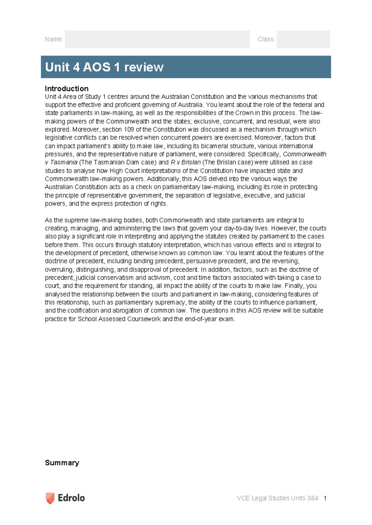 VCE Legal Studies - Unit 4 AOS 1 Review: Australian Constitution ...