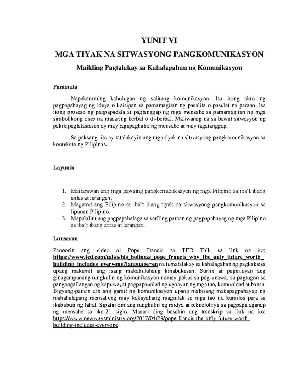 Yunit-6 - Yunit-6 - YUNIT VI MGA TIYAK NA SITWASYONG PANGKOMUNIKASYON ...