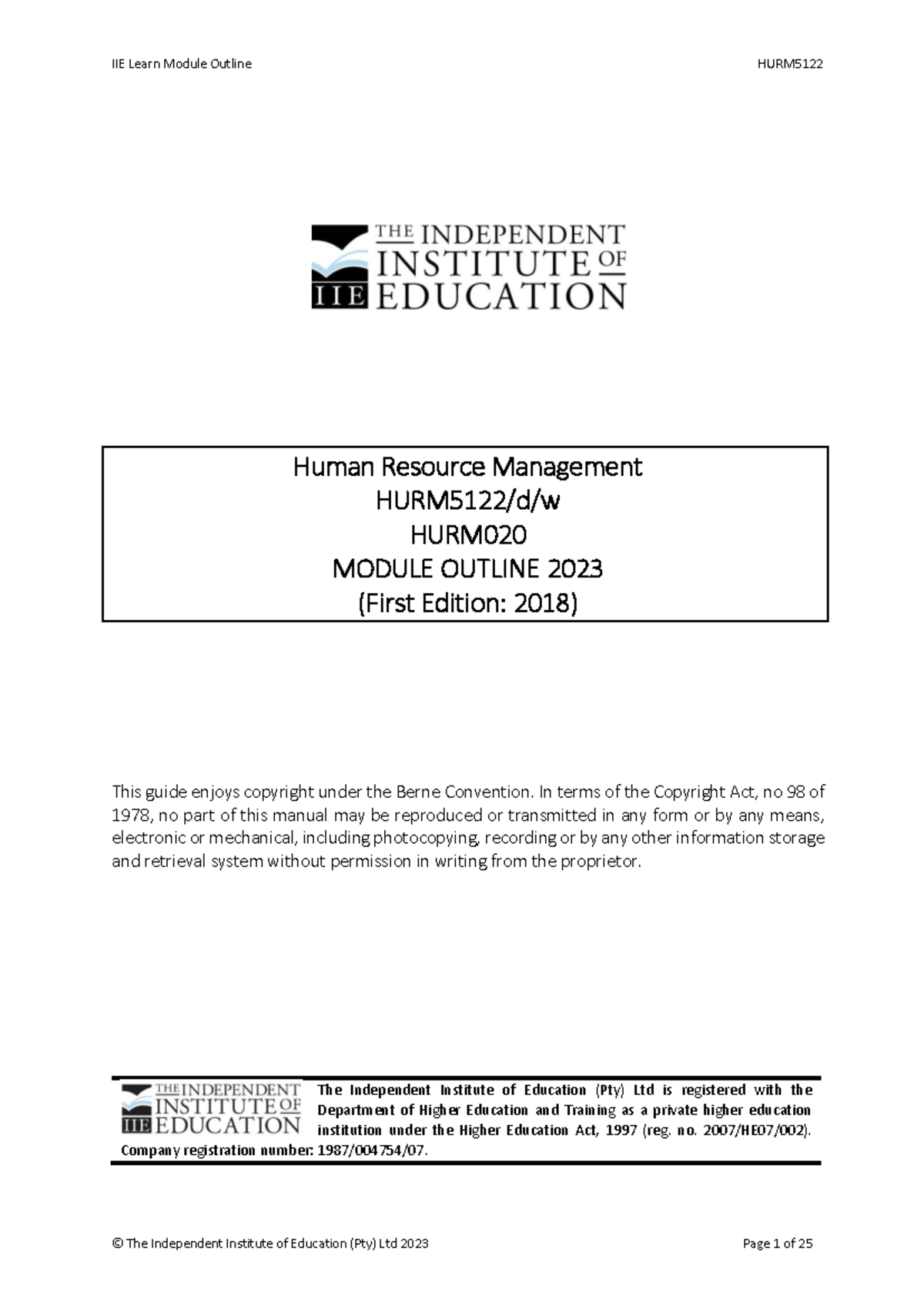 HURM5122 Module Outline: Introduction to Human Resource Management ...
