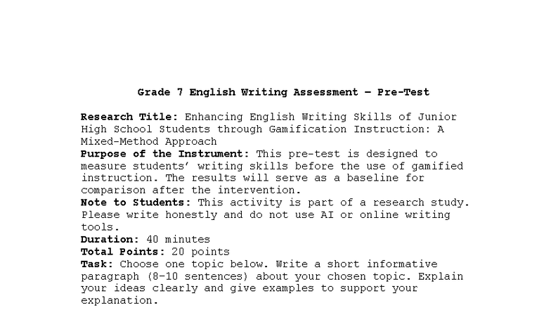 Grade 7 English Writing Assessment: Pretest on Gamification Techniques ...
