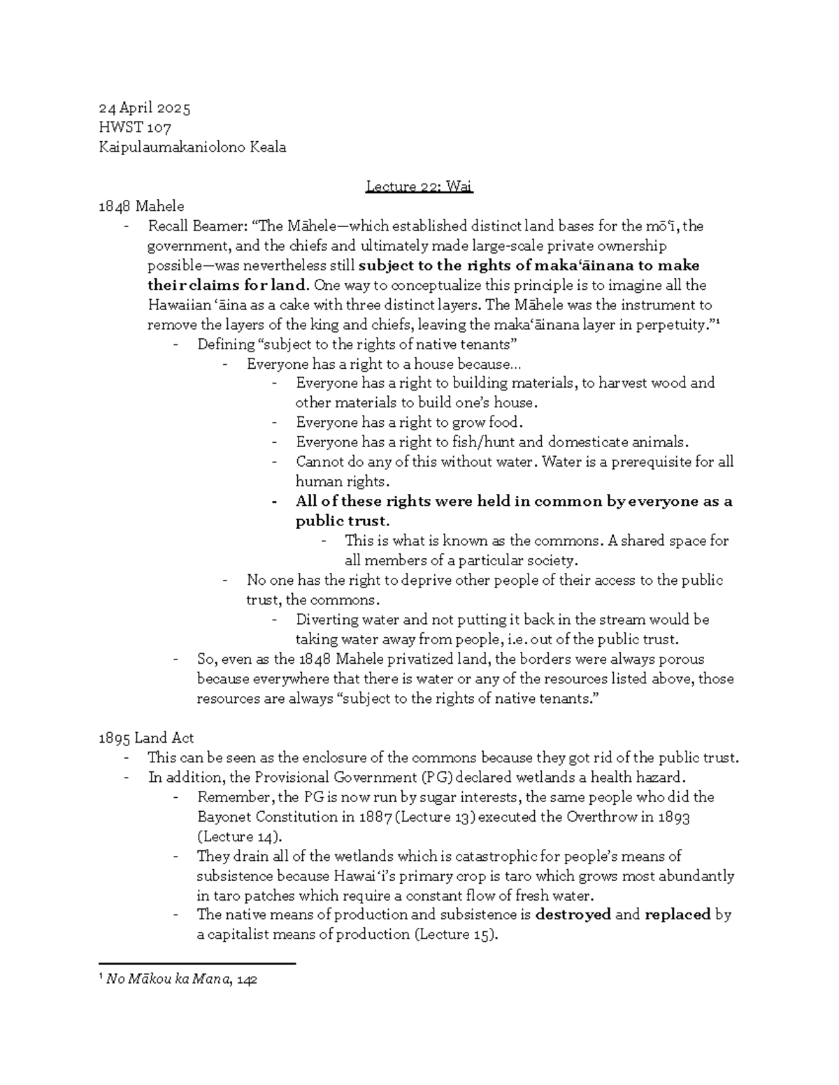 HWST 107 Lecture 22: Water Rights & Land Claims in Hawai'i Analysis ...