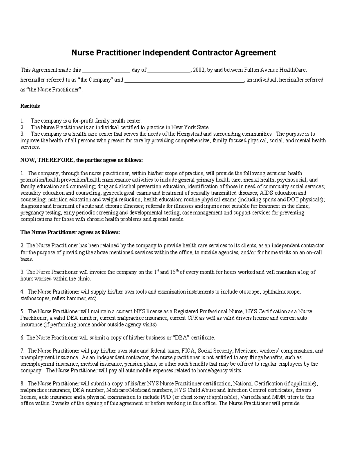 Nurse Practitioner Independent Contractor Agreement (Sample) - Studocu