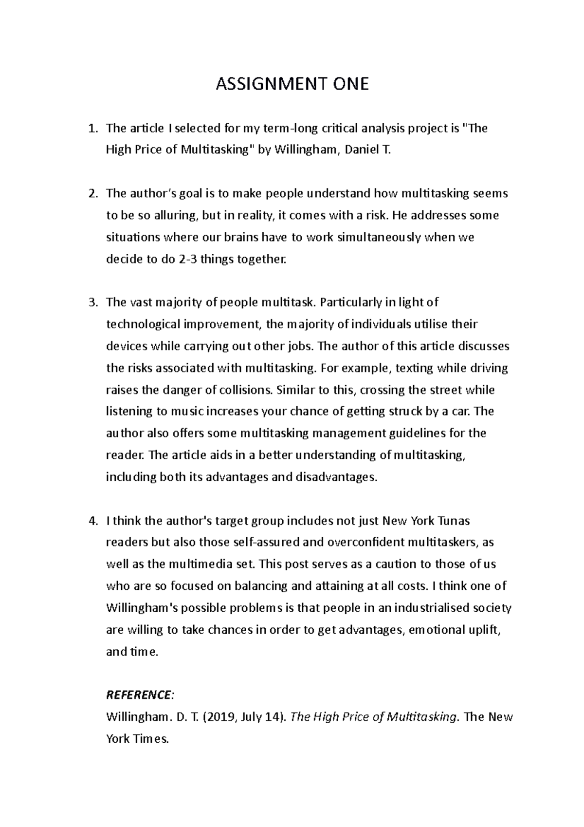 ENG 122 Module ONE Assignment - ASSIGNMENT ONE The article I selected ...