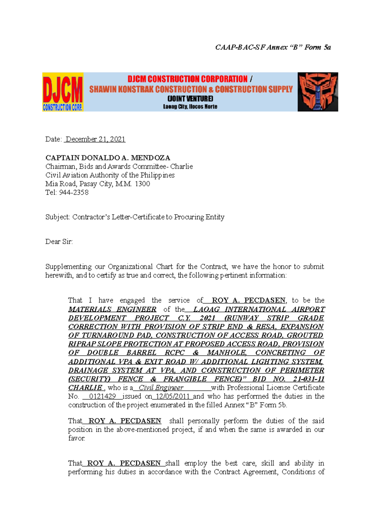 Contractor's Certificate for Materials Engineer - ENGR 21-031-CHARLIE ...