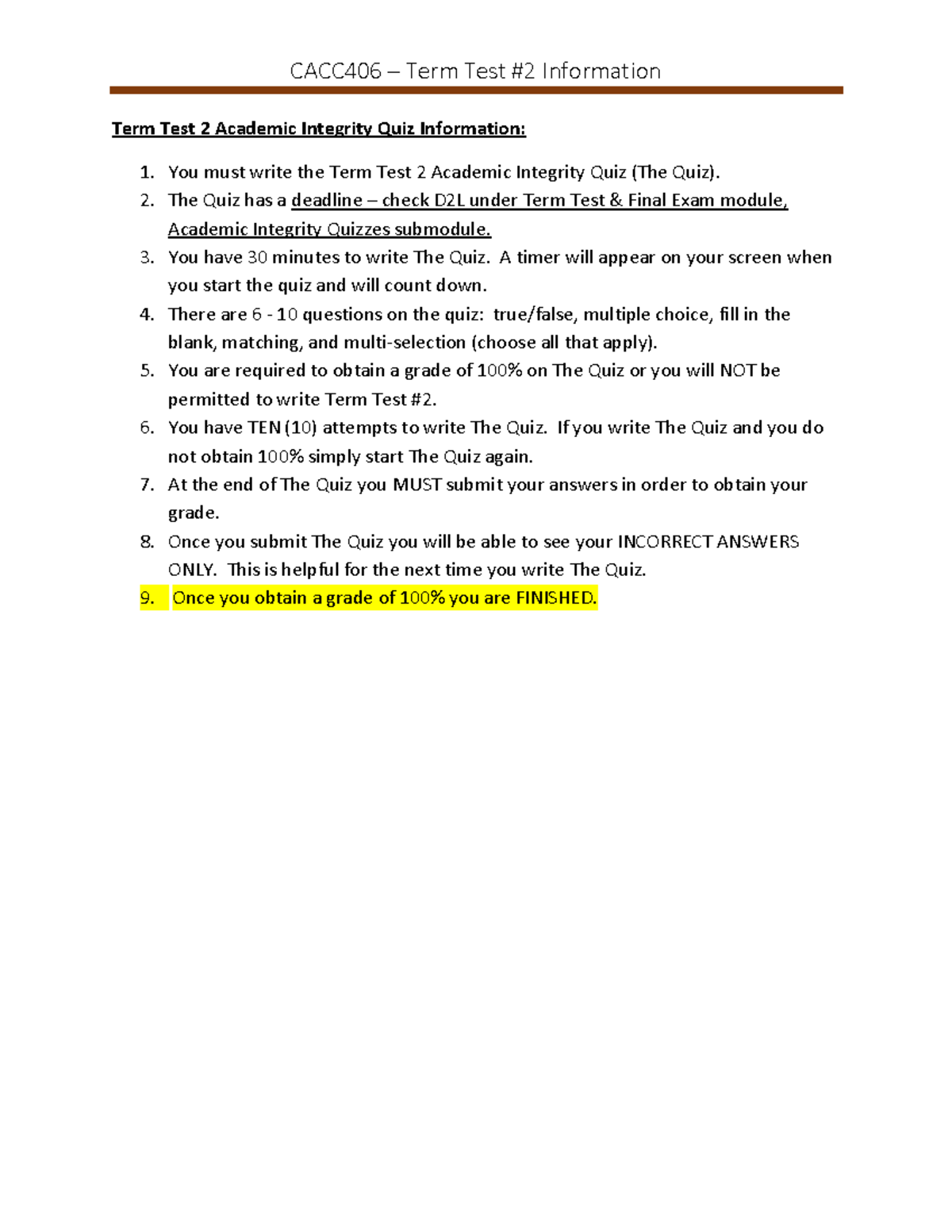 CACC406 - Term Test 2 Info: Academic Integrity & Test Guidelines - Studocu