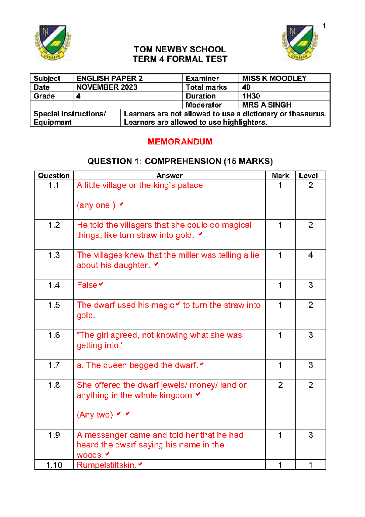 Grade 4 English Paper 2 Memo - Formal Test Nov 2023 - Tom Newby School ...