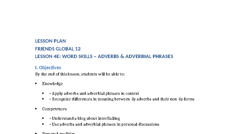 Friends Global 12: Lesson 4E - Adverbs & Adverbial Phrases Plan - Studocu