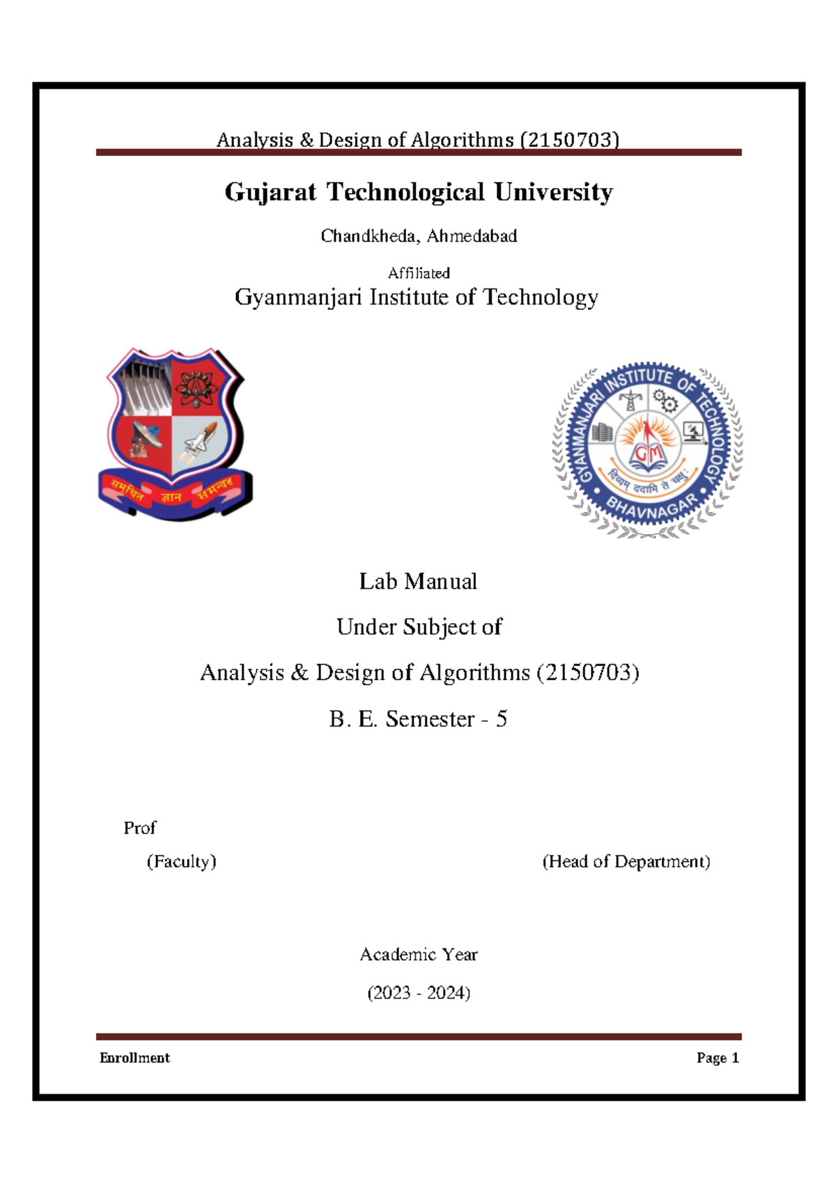 Analysis & Design of Algorithms Lab Manual (2150703) - 5th Sem - Studocu