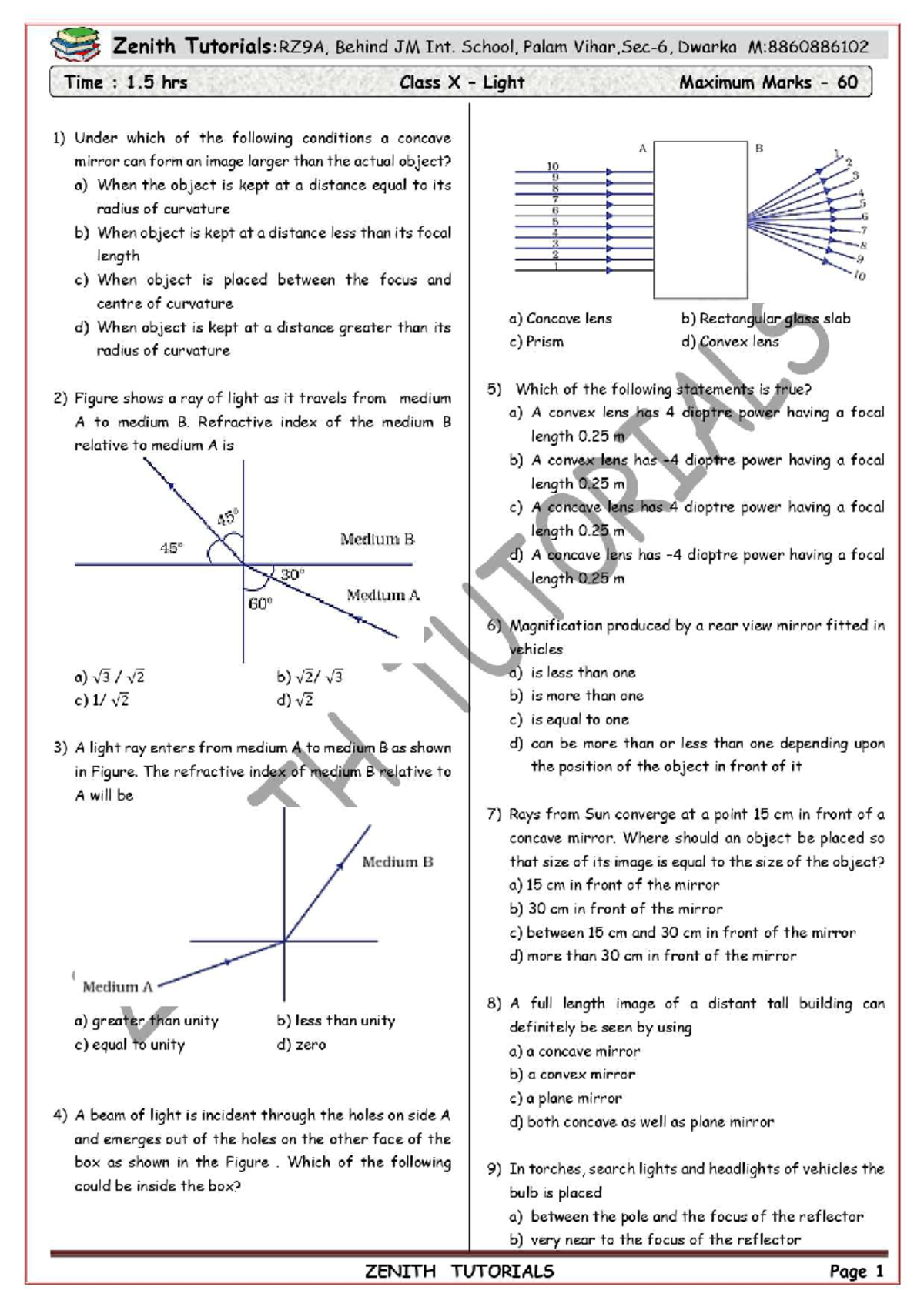 Light MCQ Test for Class X - Zenith Tutorials RZ9A - Studocu