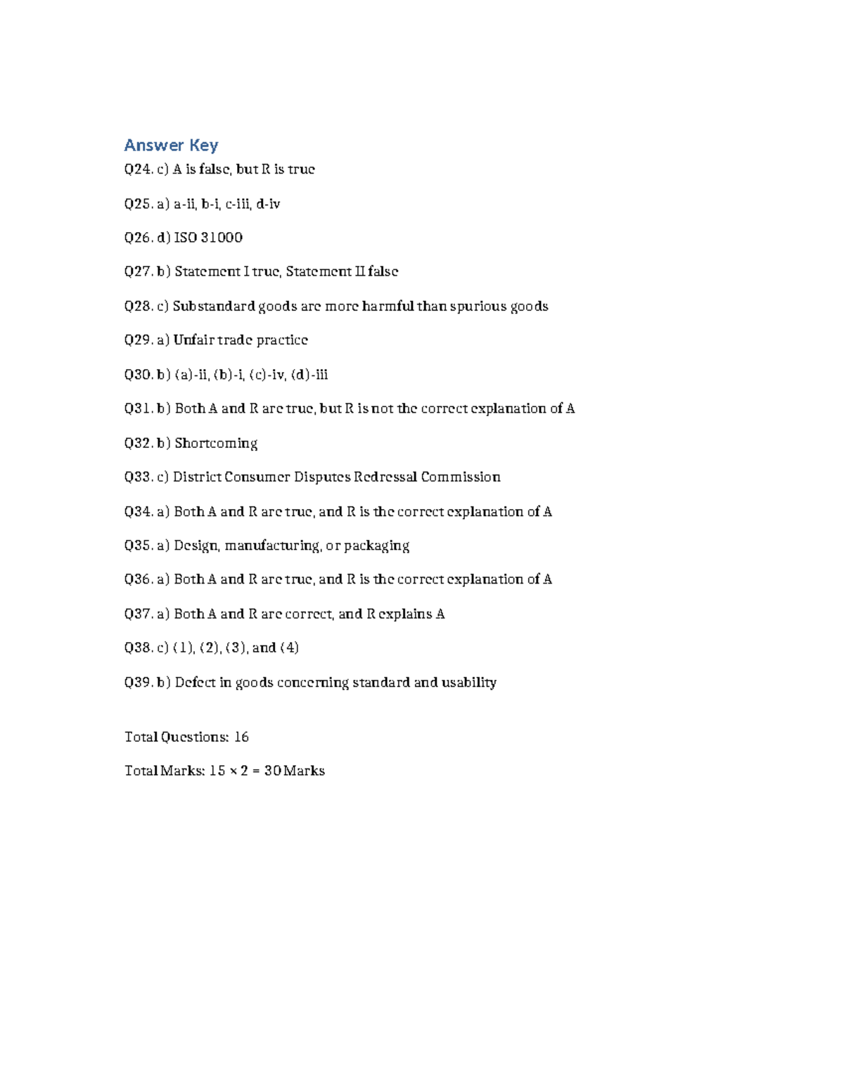 Answer Key for Consumer Protection (CP101) - 16 Questions - Studocu