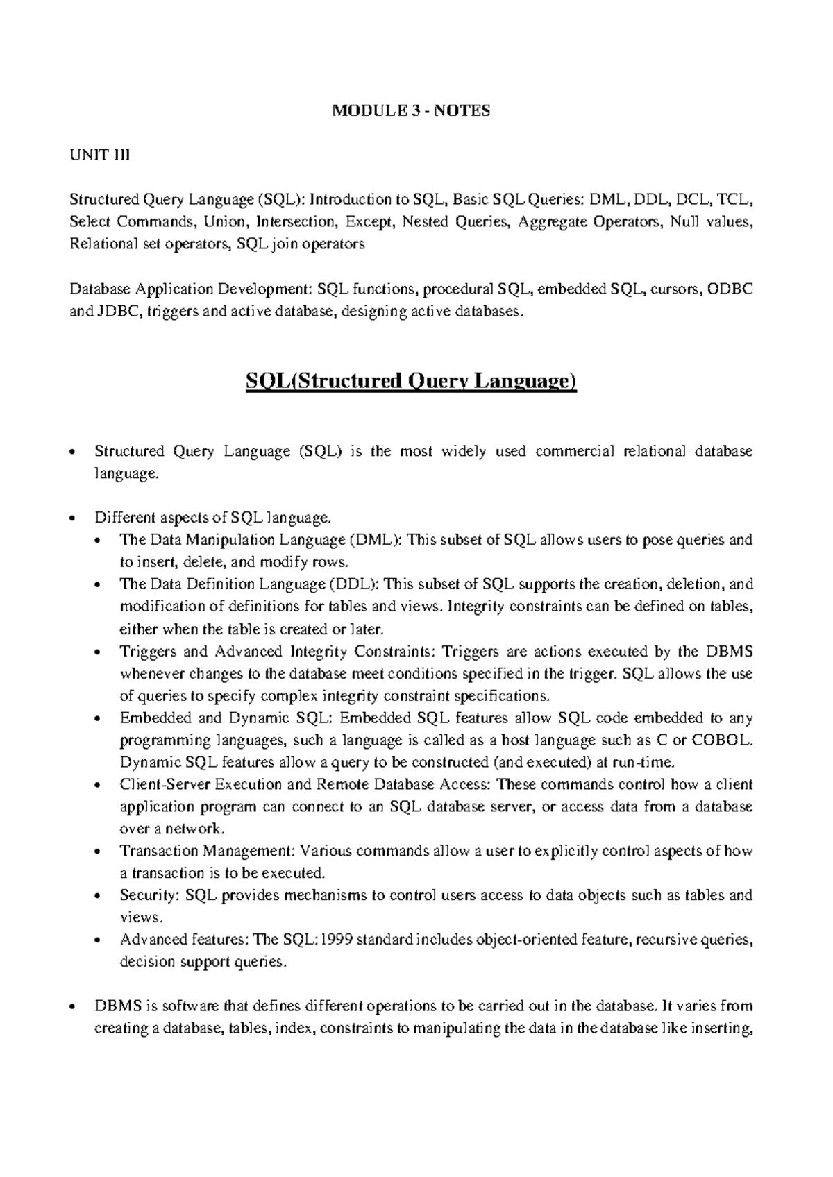 Module 3: SQL Notes on DML, DDL, and Key Queries in SQL - Studocu