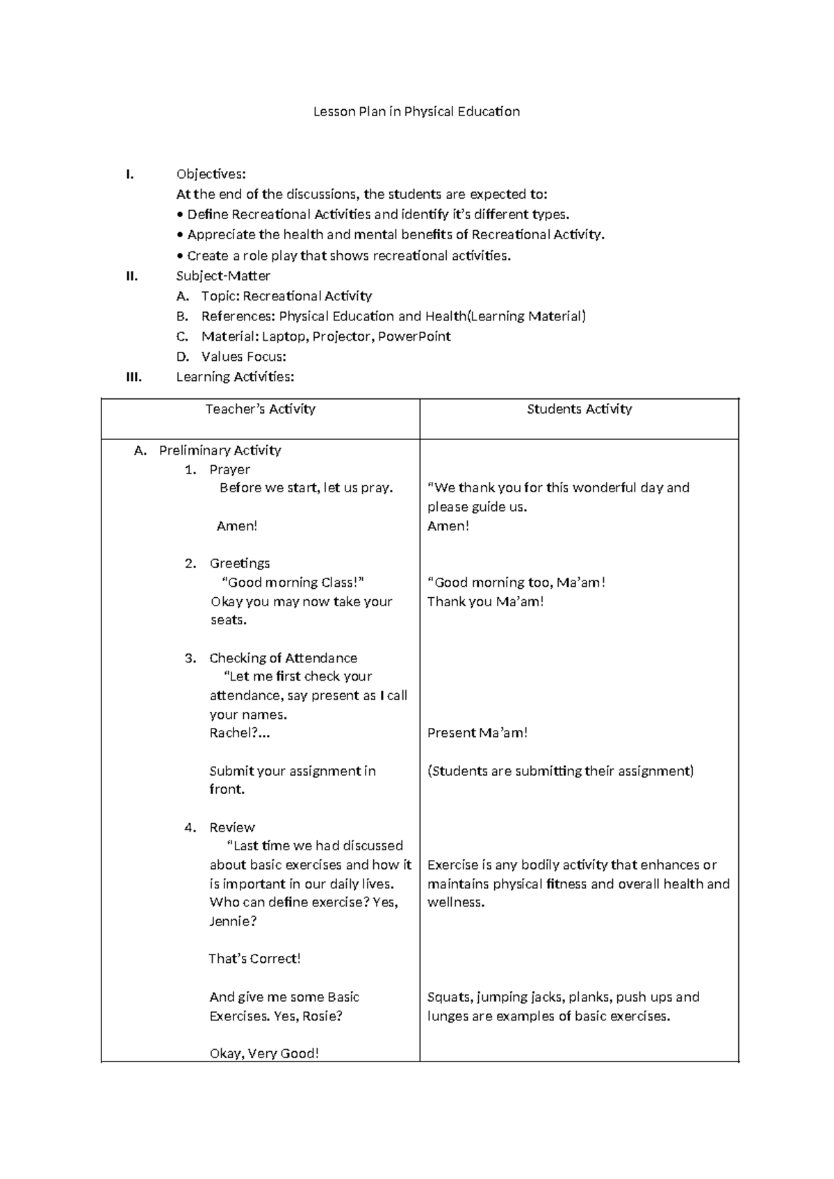 LP PE Lesson Plan: Exploring Recreational Activities and Benefits - Studocu