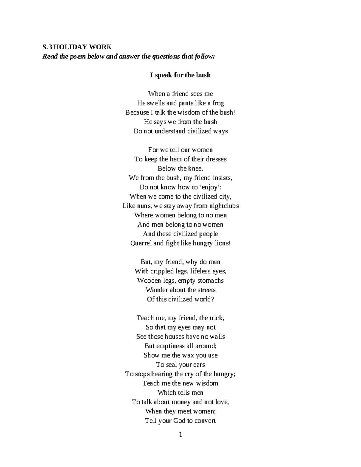 I Speak for the Bush: Poem Analysis and Discussion Questions - Studocu