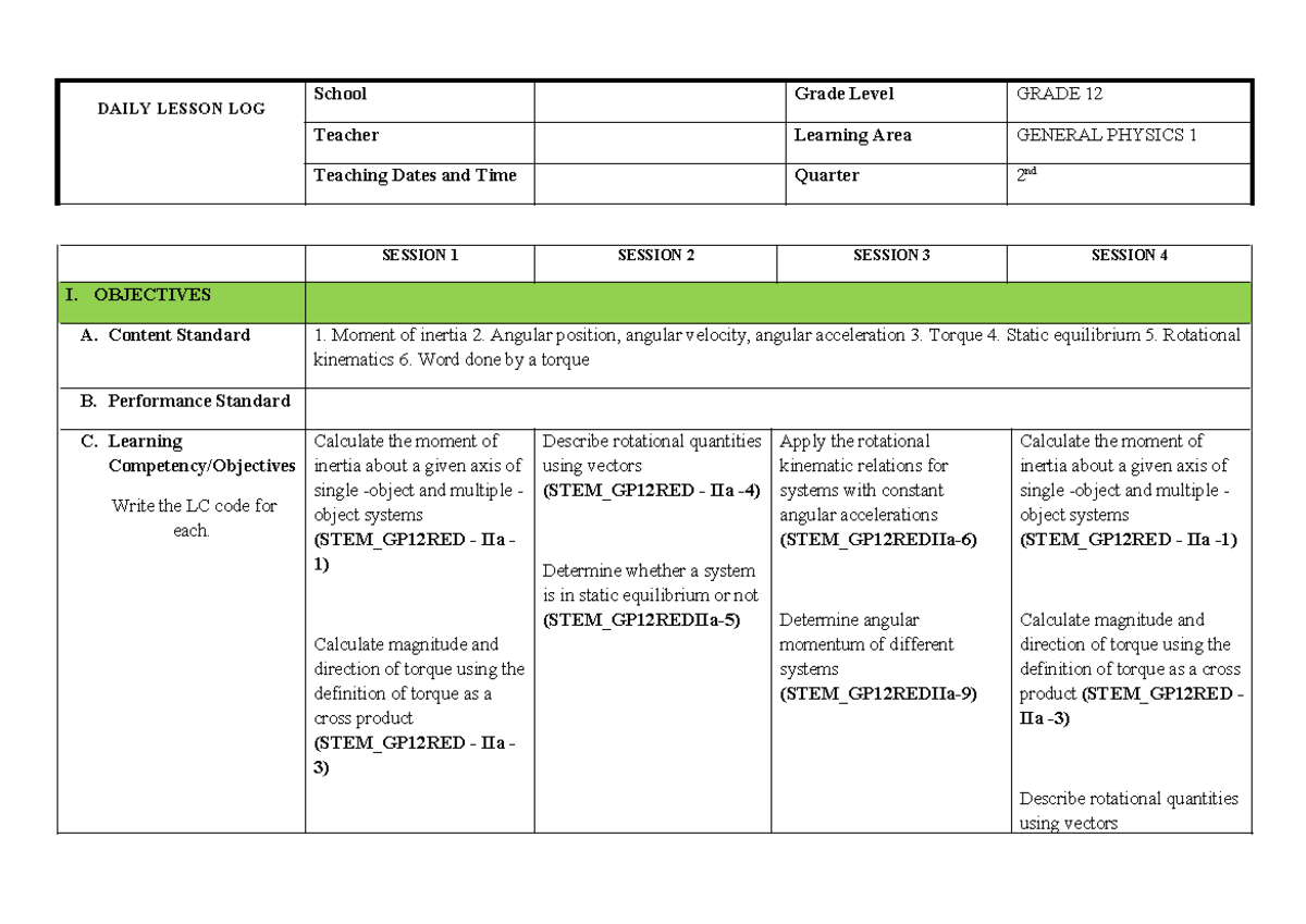 DAILY LESSON LOG: GRADE 12 GENERAL PHYSICS 1 (STEM_GP12RED) - Studocu