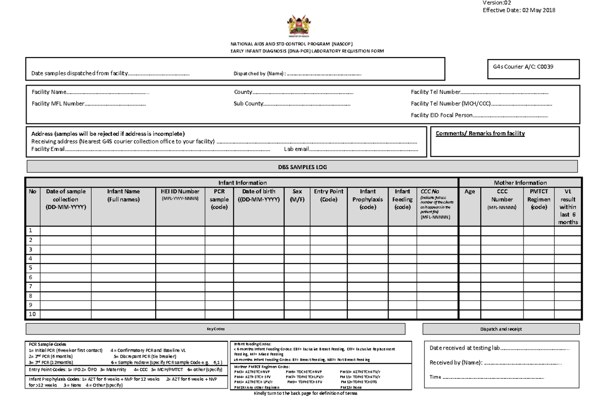 EID Lab Requisition Form for Early Infant Diagnosis - NASCOP - Studocu