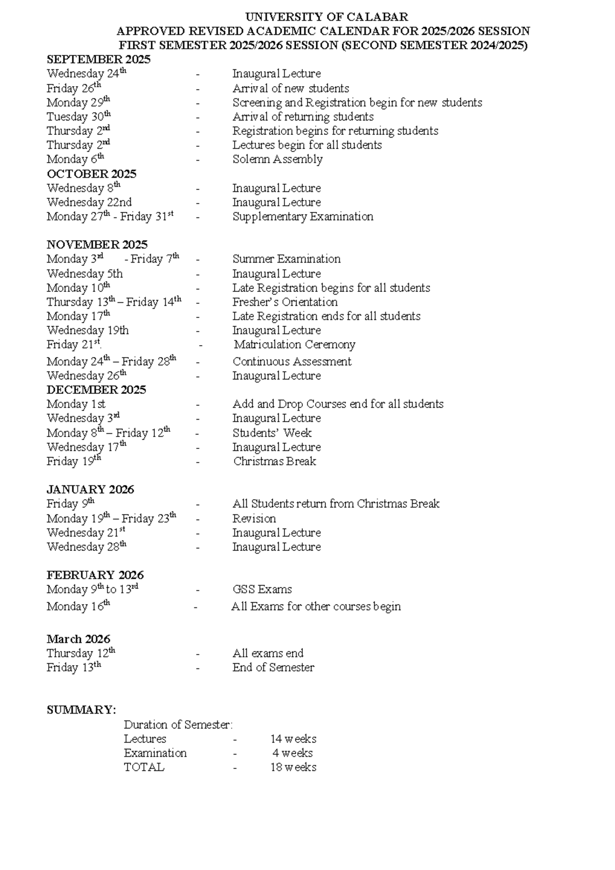 UNICAL Revised Academic Calendar for 1st Semester 2025-2026 - Studocu