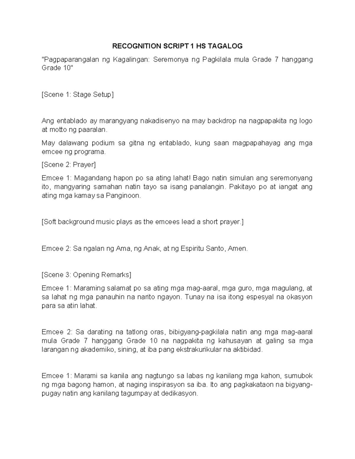 Recognition Script 1 HS Tagalog: Seremonya ng Pagkilala 2023 - Studocu