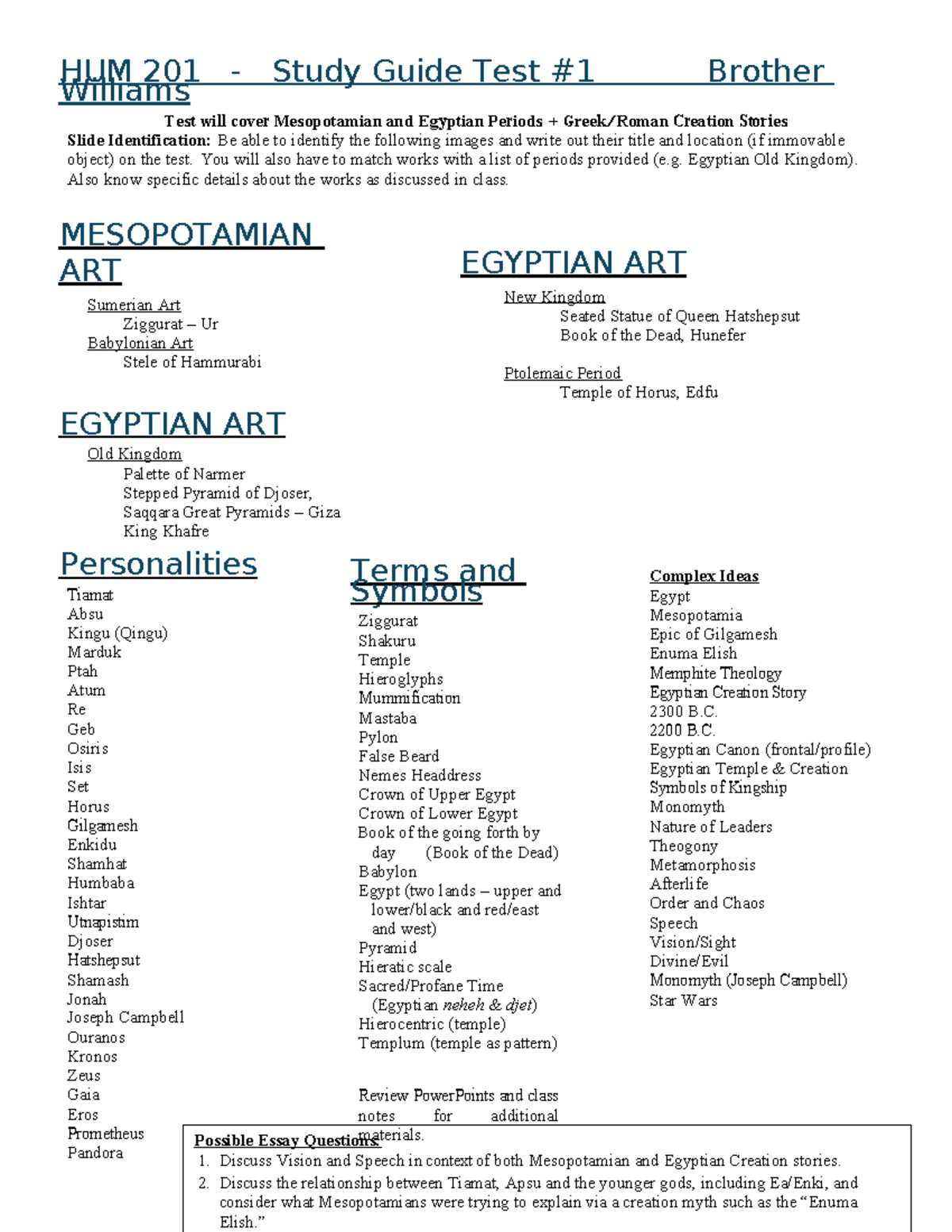 HUM 201 - Study Guide: Mesopotamian & Egyptian Creation Myths - Studocu