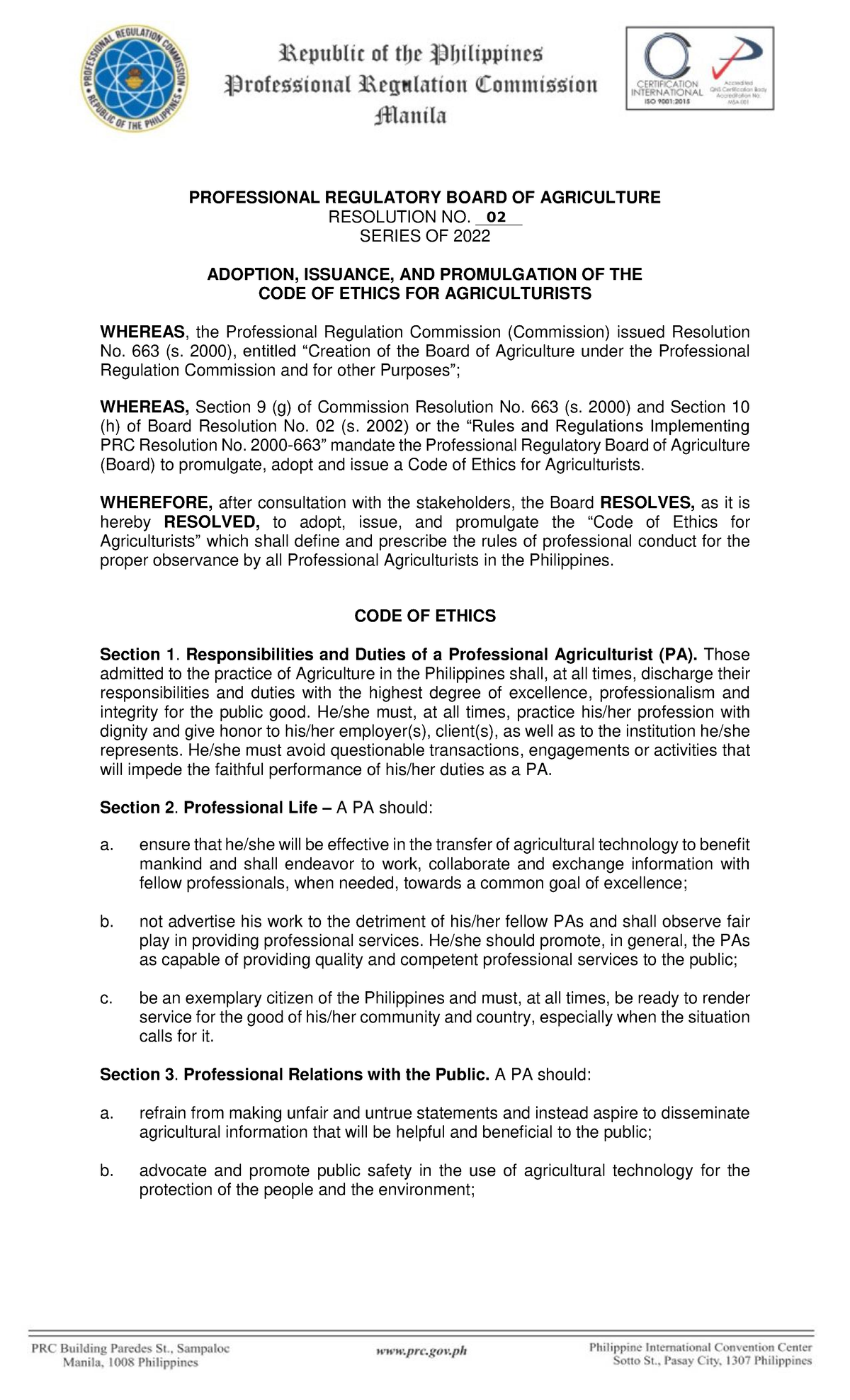 2022-02 Code of Ethics for Agriculturists: Adoption & Issuance - Studocu