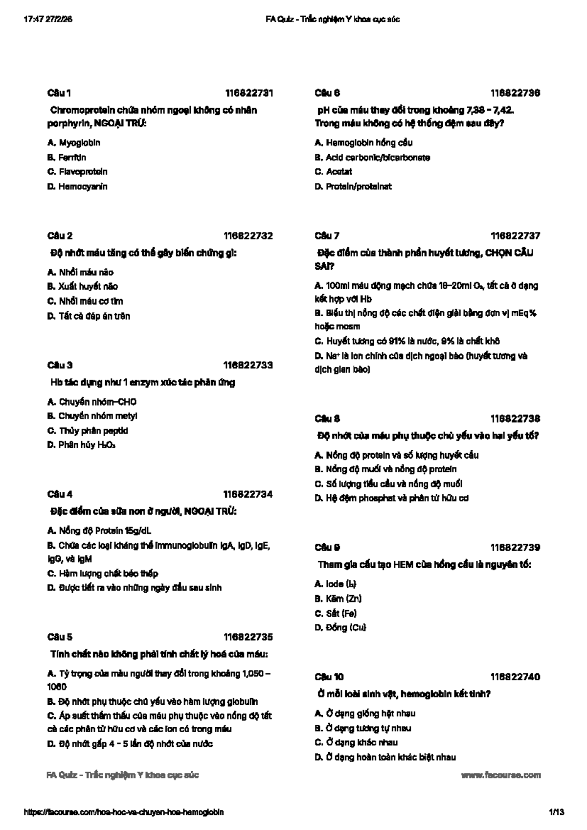 Hemoglobin - FA Quiz Trắc nghiệm Y khoa cực kỳ chi tiết - Studocu