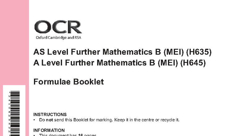 Further Mathematics B (MEI) (H635/H645) Formula Sheet - Studocu