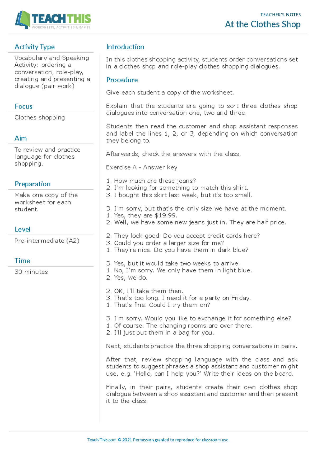 A2 Clothes Shop Dialogue Activities - Worksheets and Exercises - Studocu