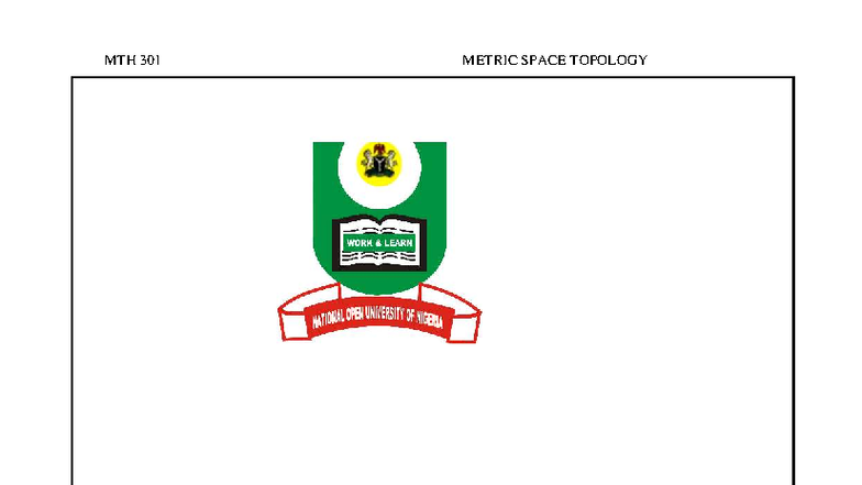 MTH 301 - Metric Space Topology Study Notes and Overview - Studocu