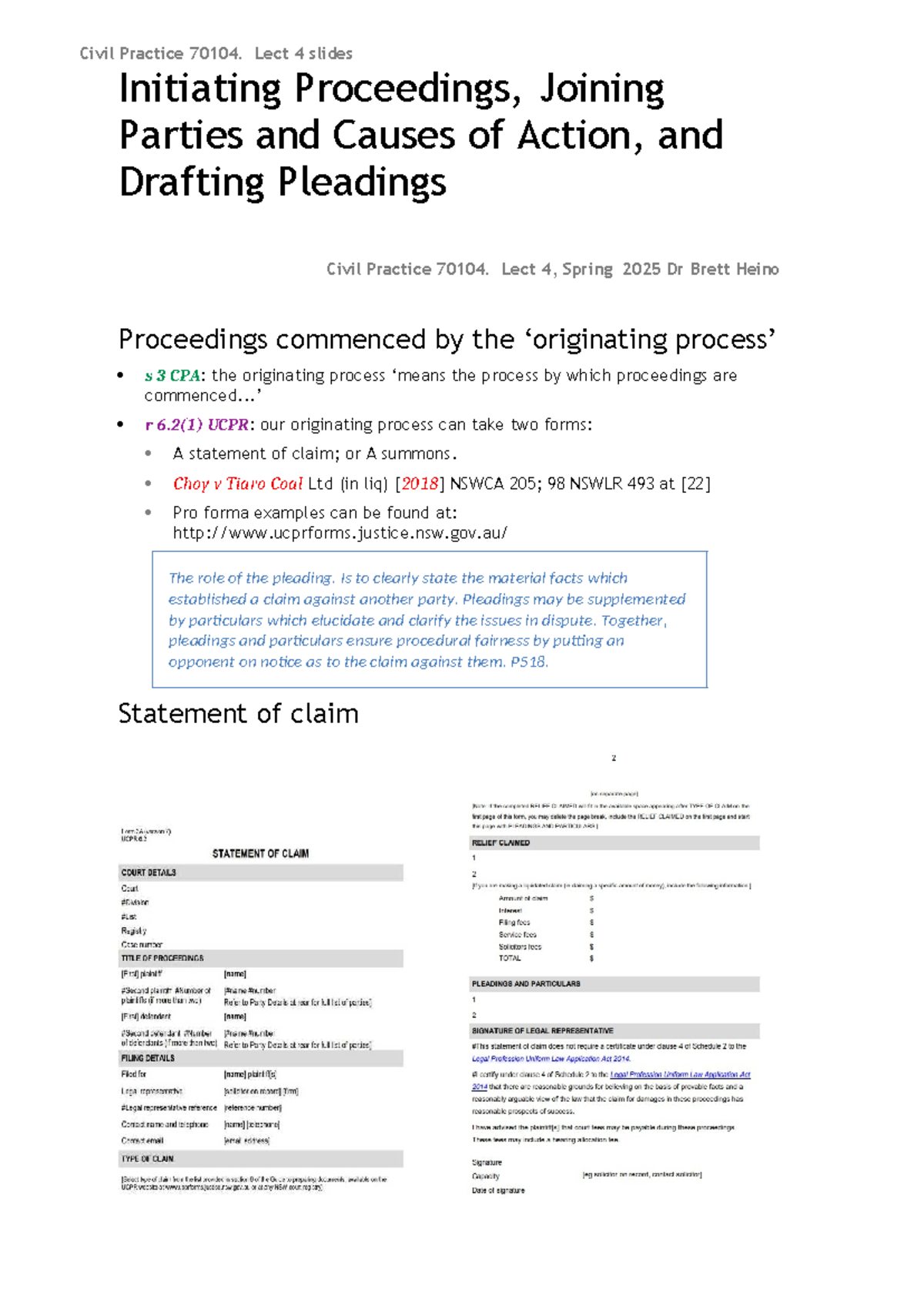 Civil Practice 70104 Lecture 4 Initiating Proceedings Pleadings