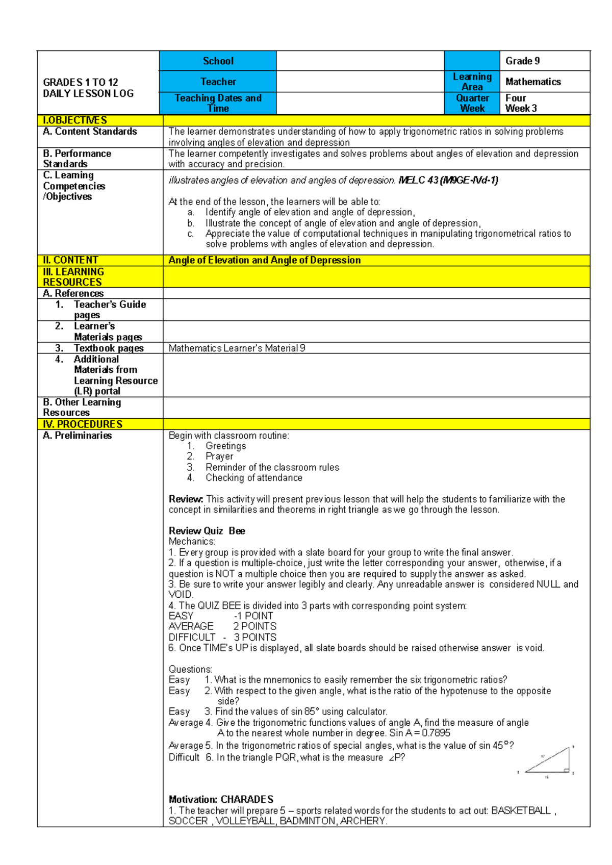 Angle of Elevation and Depression Daily Lesson Log (DLL) for COT - Studocu