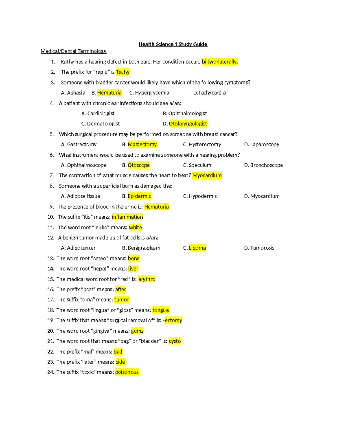 Health Science 1 Study Guide: Medical Terminology & Body Systems - Studocu