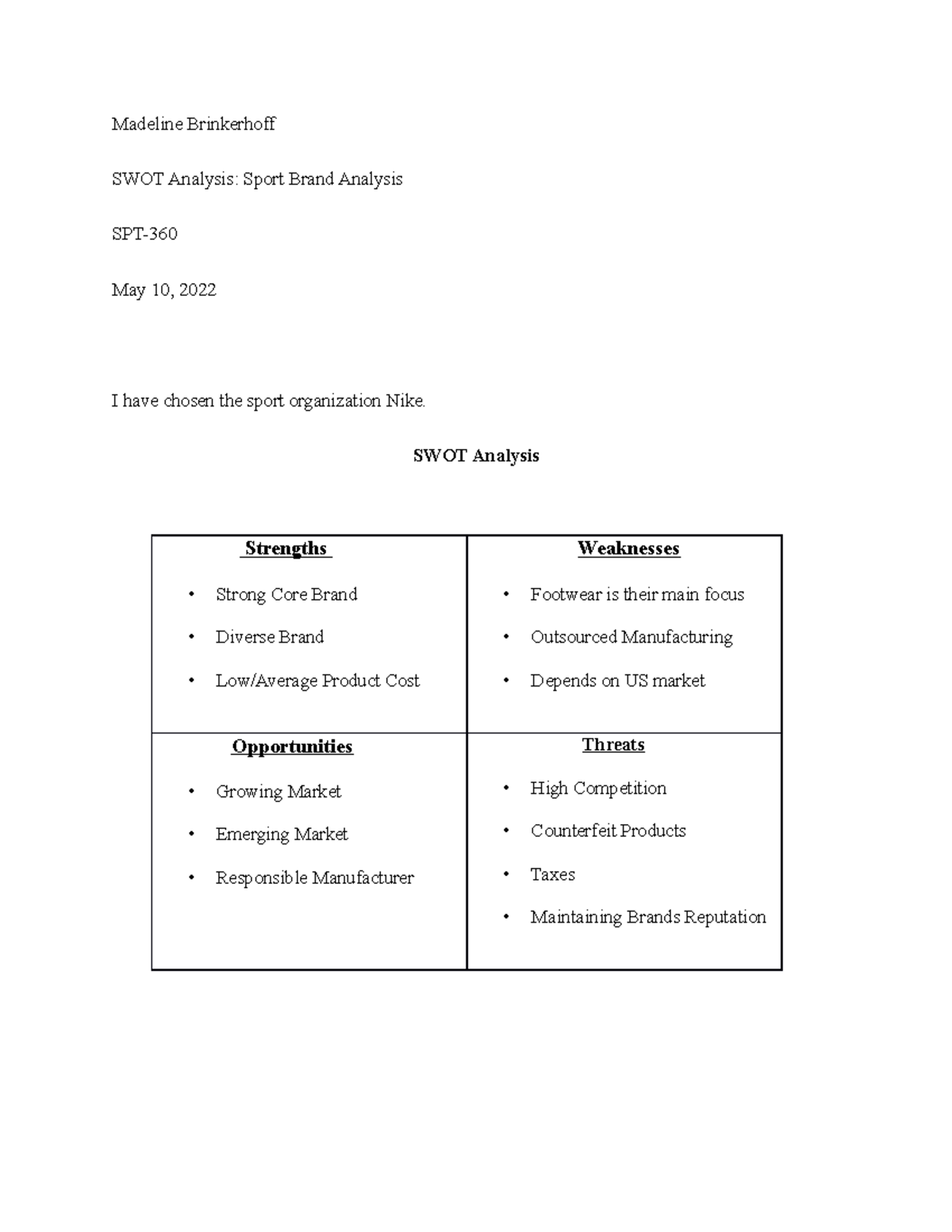 SPT-360 Final Exam SWOT Analysis of Nike's Sport Brand - Studocu