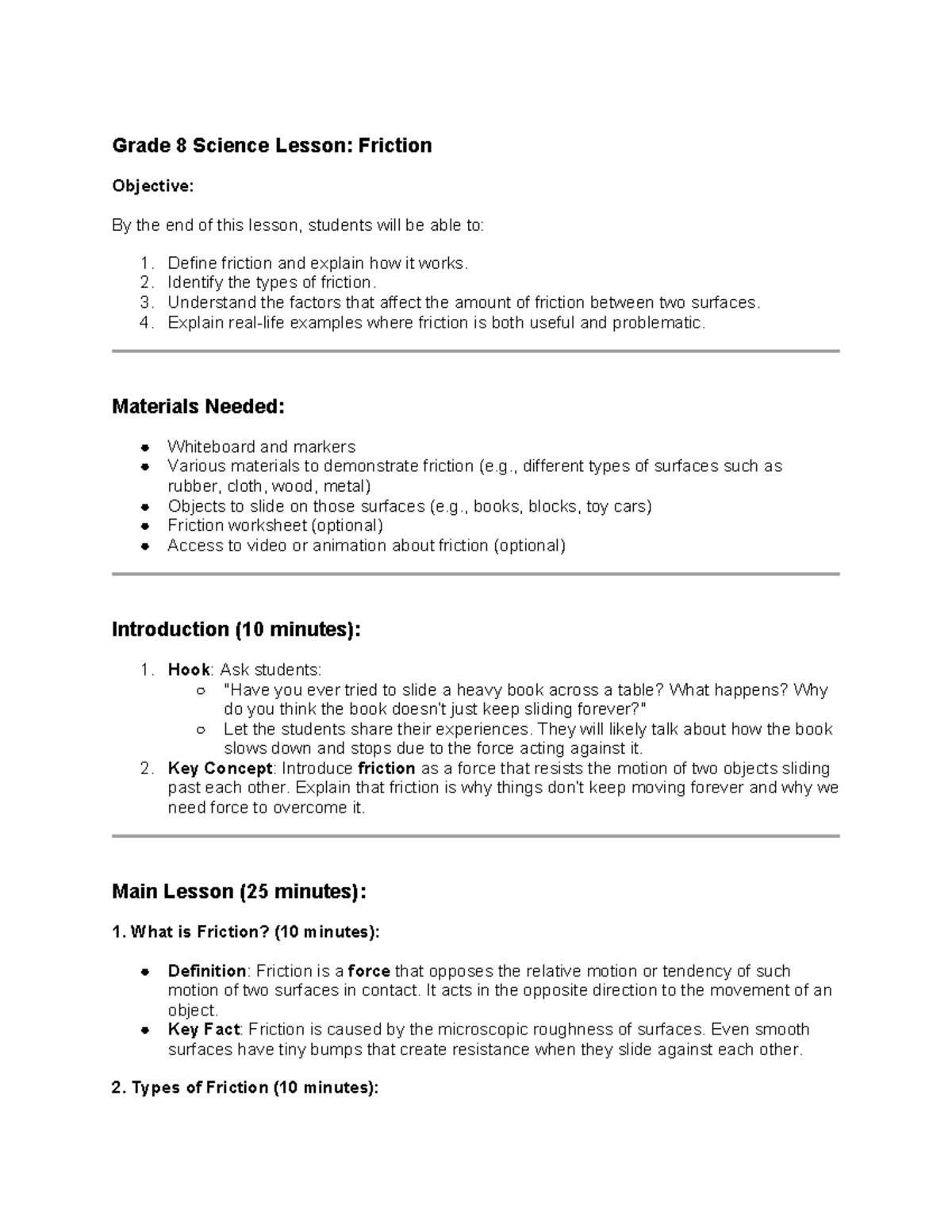 Friction - Grade 8 Science Lesson: Friction Objective: By the end of ...