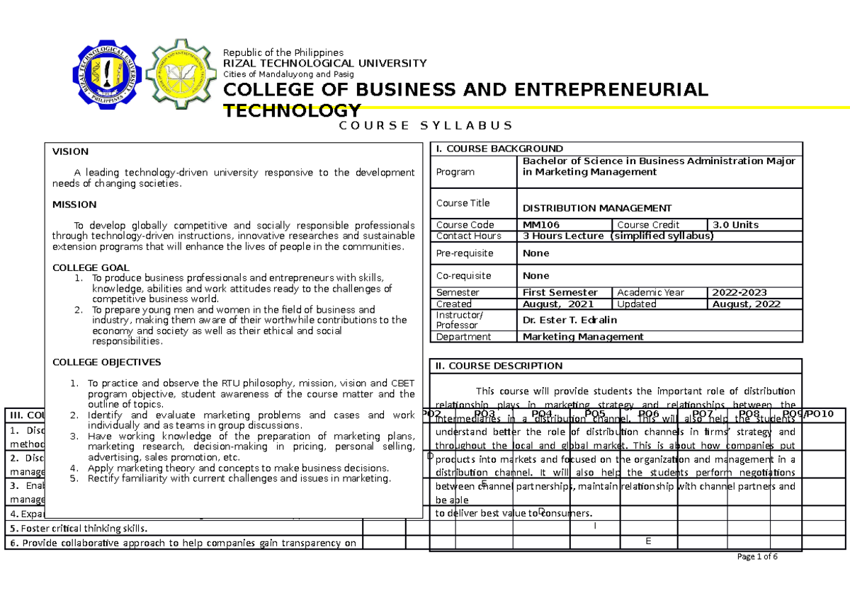 Distribution Management Syllabus (MM106) - Academic Year 2022 - Studocu