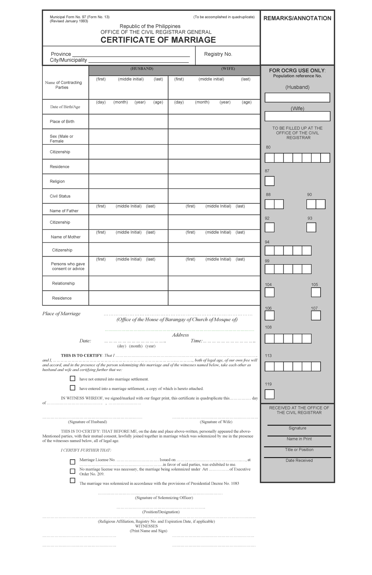 Certificate of Marriage (COM) - Municipal Form No. 97 Details - Studocu