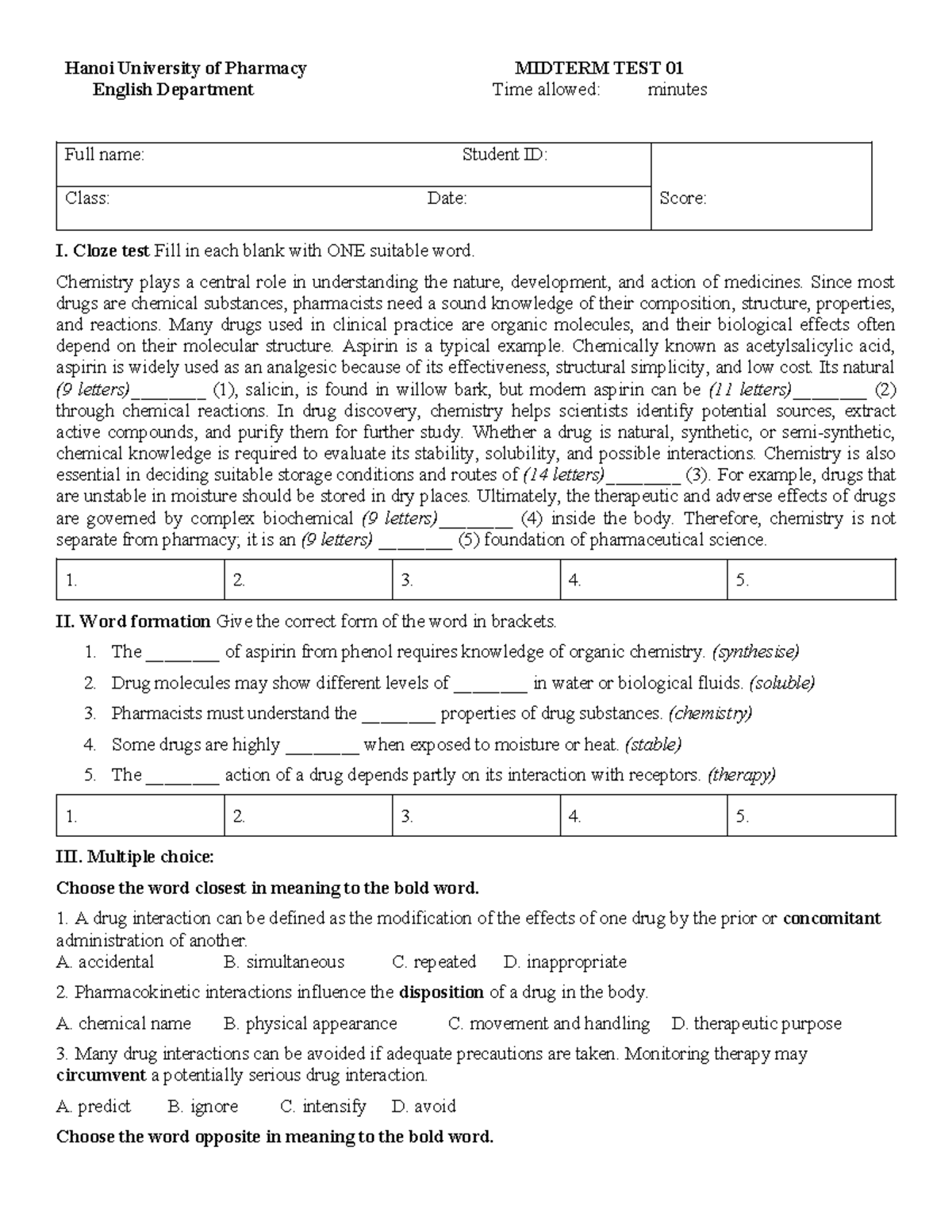 Hanoi University of Pharmacy English Dept MIDTERM TEST 01 Notes - Studocu