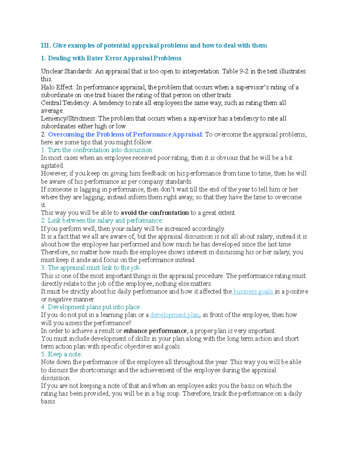 Give examples of potential appraisal problems and how to deal with them ...