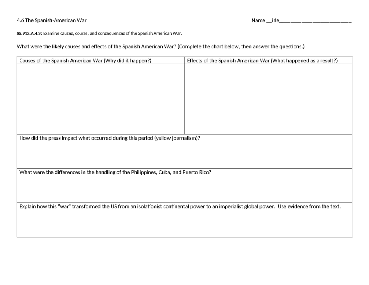 Spanish American War Organizer - 4 The Spanish-American War Name irie