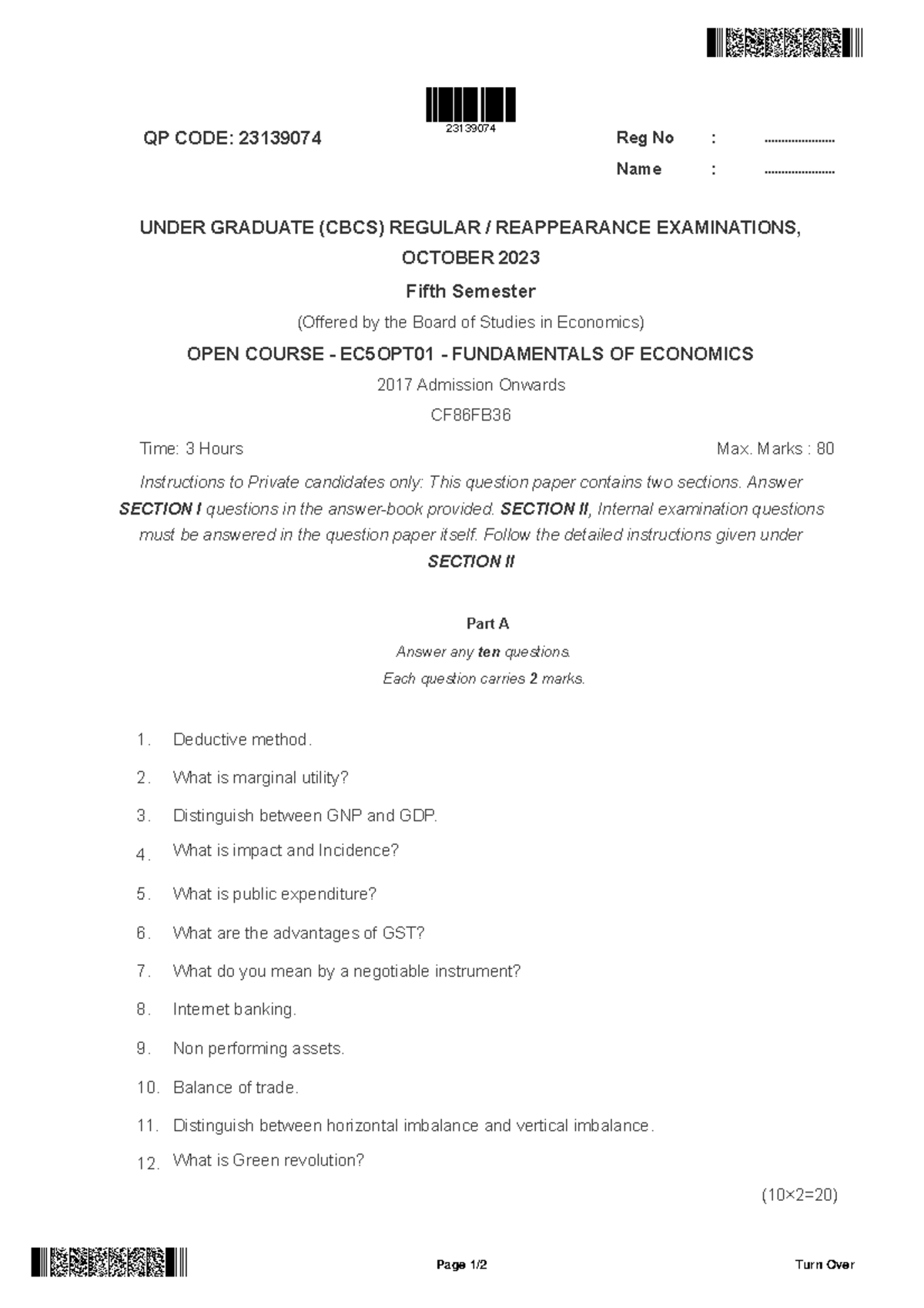 EC5OPT01 Final Exam Question Paper: Fundamentals of Economics - Studocu