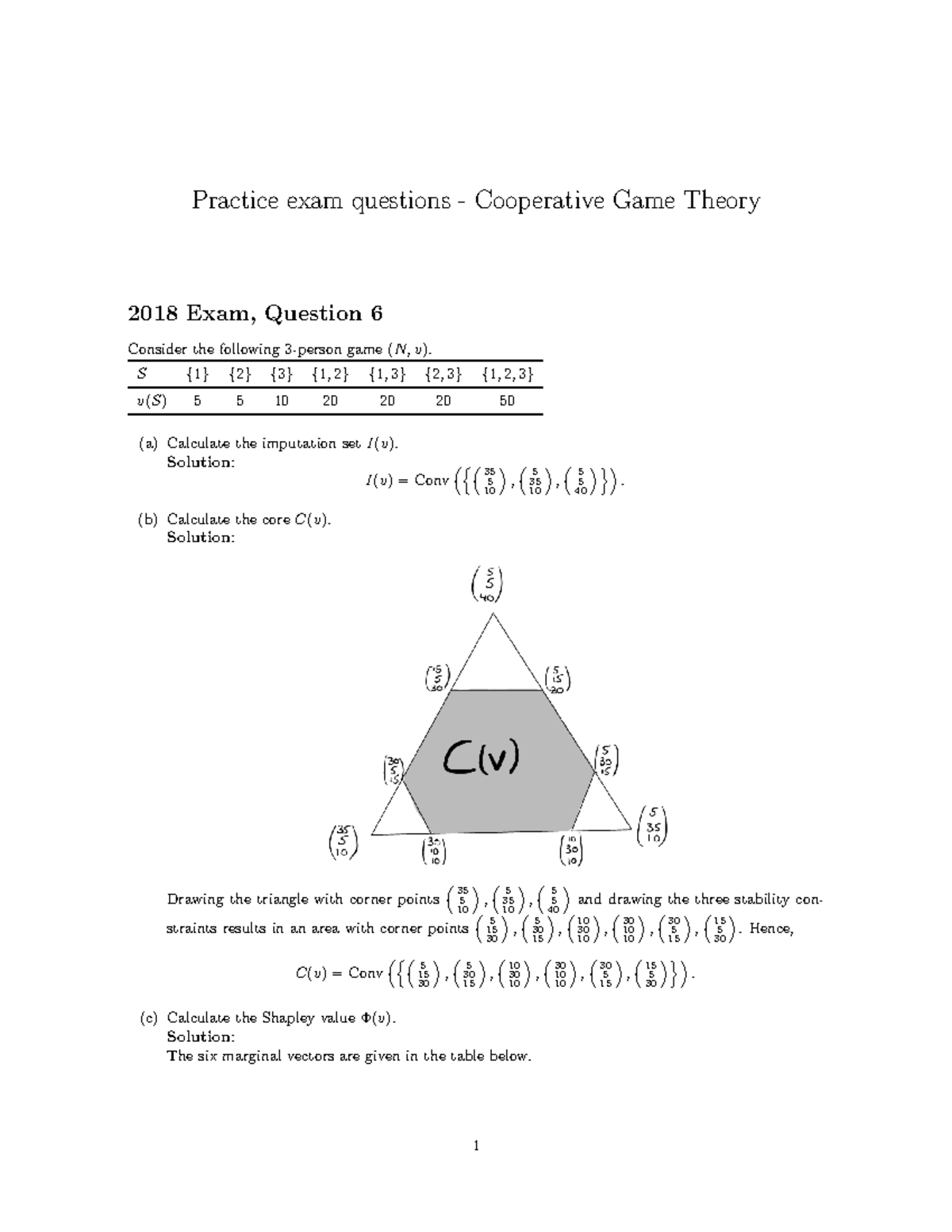 Cooperative Game Theory - Practice Exam Questions (2018) - Studeersnel