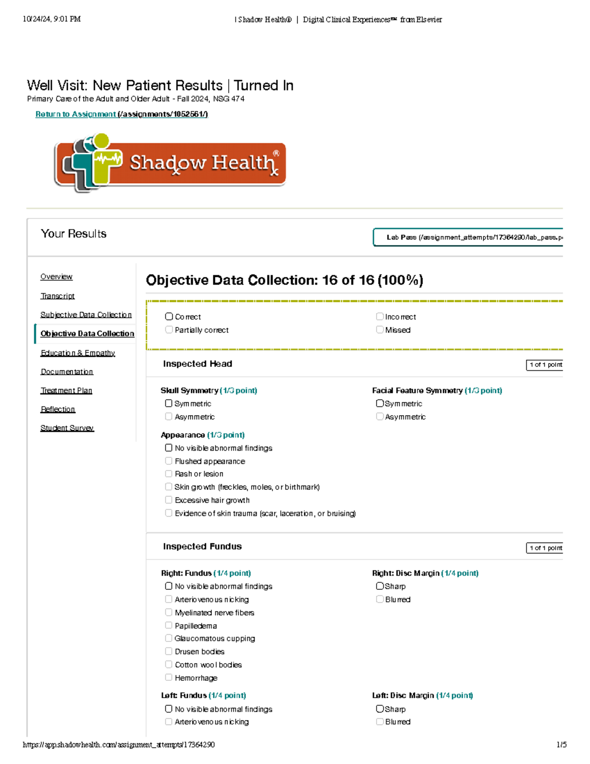 Objective Data Collection for NSG 474 Well Visit: New Patient ...