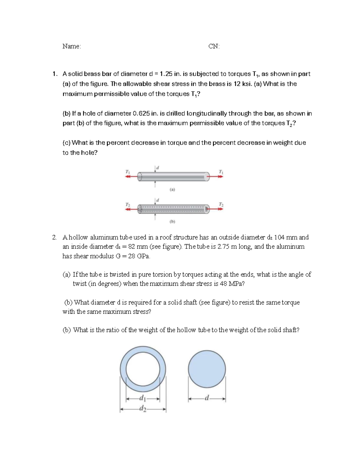 Mechanics Torsion - CN: 1. Analysis of torque and shear stress in ...