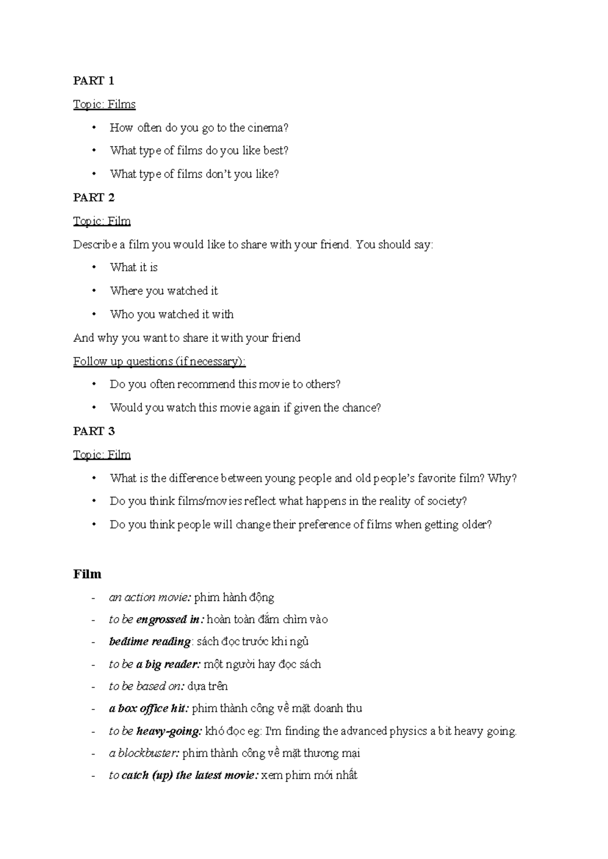 1. Topic Films - AAA Method - PART 1 Topic: Films • How often do you go ...