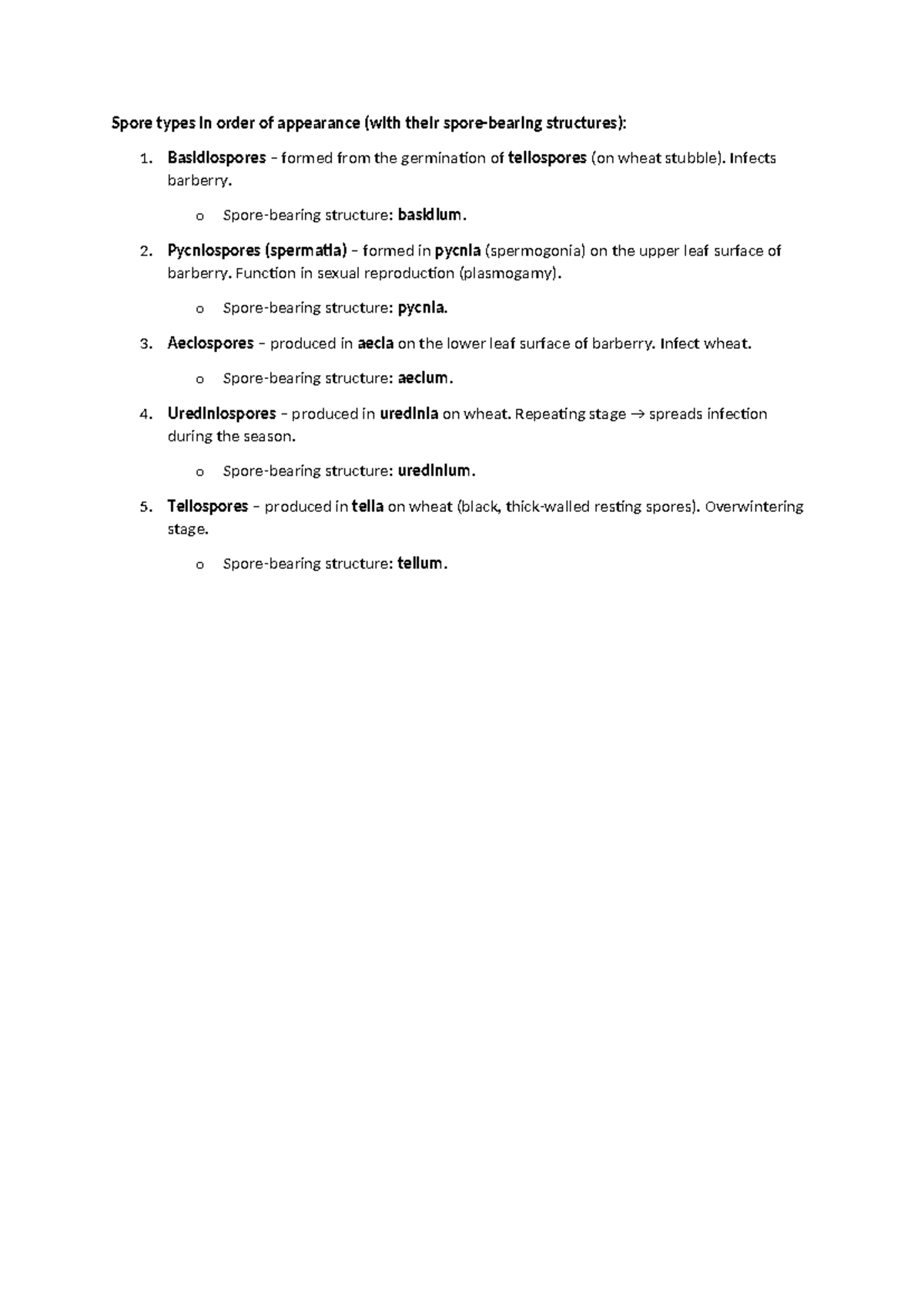 Spore types in order of appearance - Basidiospores – formed from the ...
