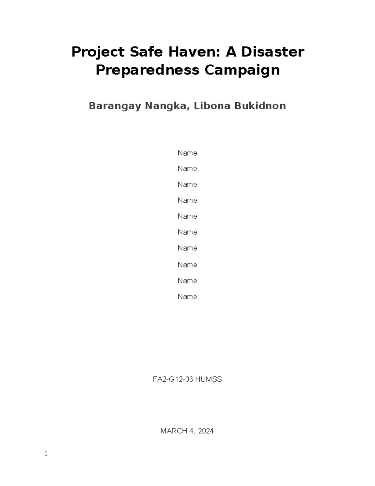 Final Concept Paper on Project Safe Haven: Disaster Preparedness FA2-G12-03 - Studocu