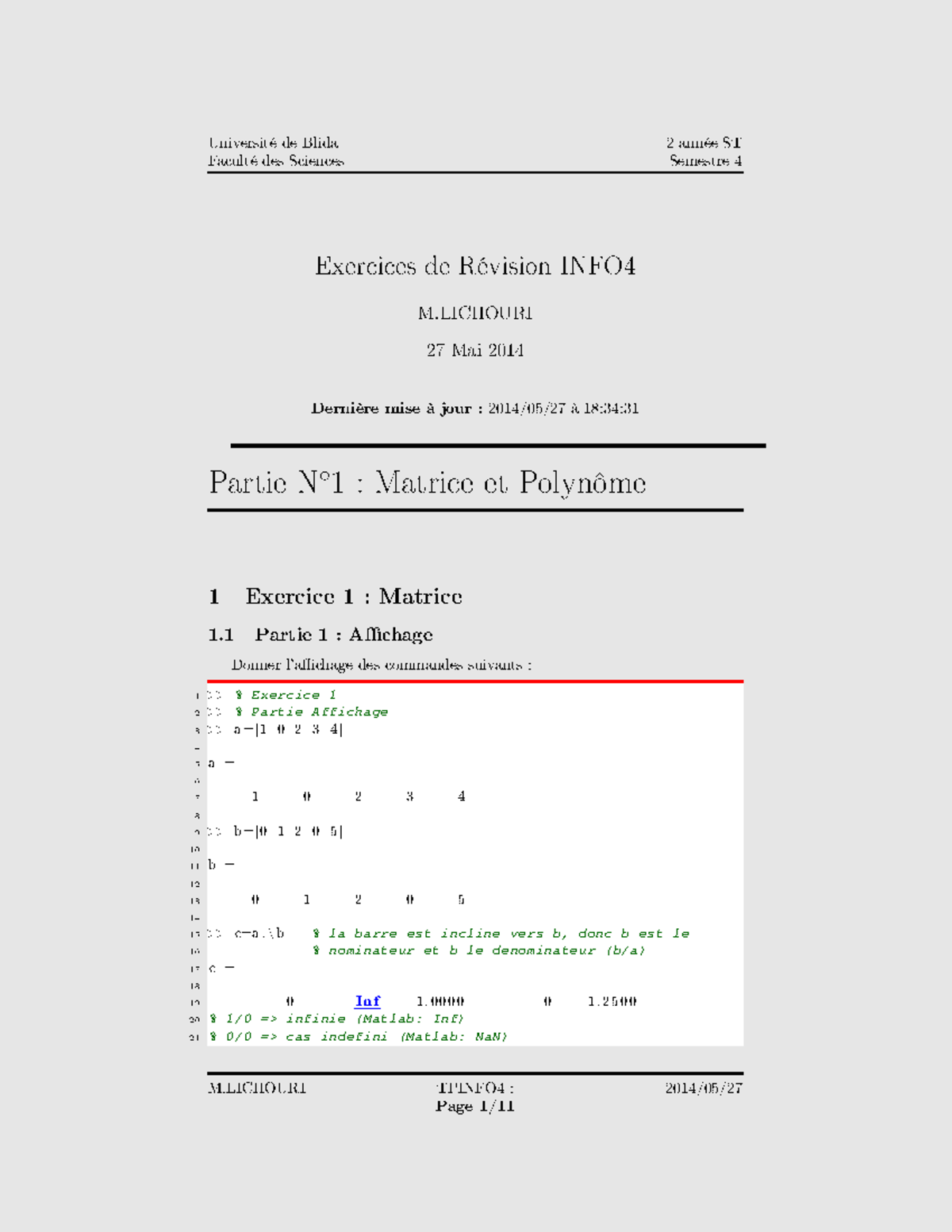 TP INFO4 : Exercices de Révision en Matlab - Corrigé 2ème Année ST ...