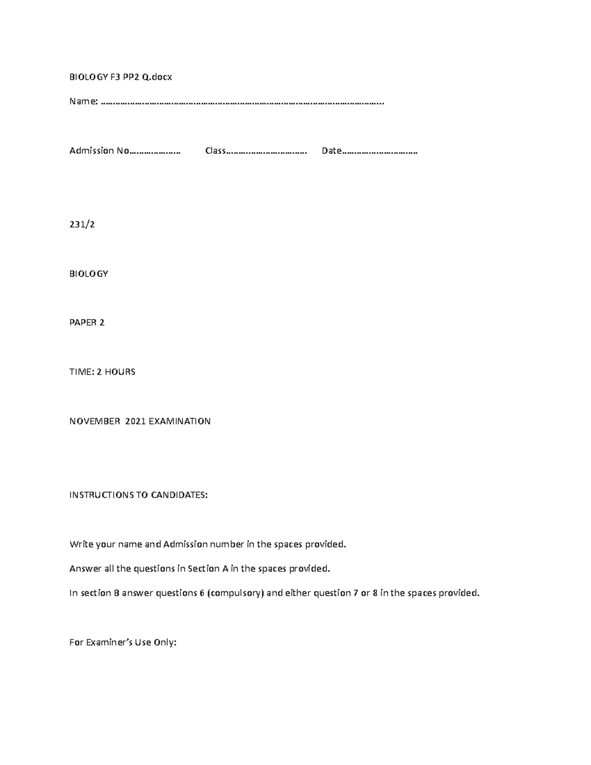 Biology F3 PP2 - November 2021 Examination Revision Notes - Studocu